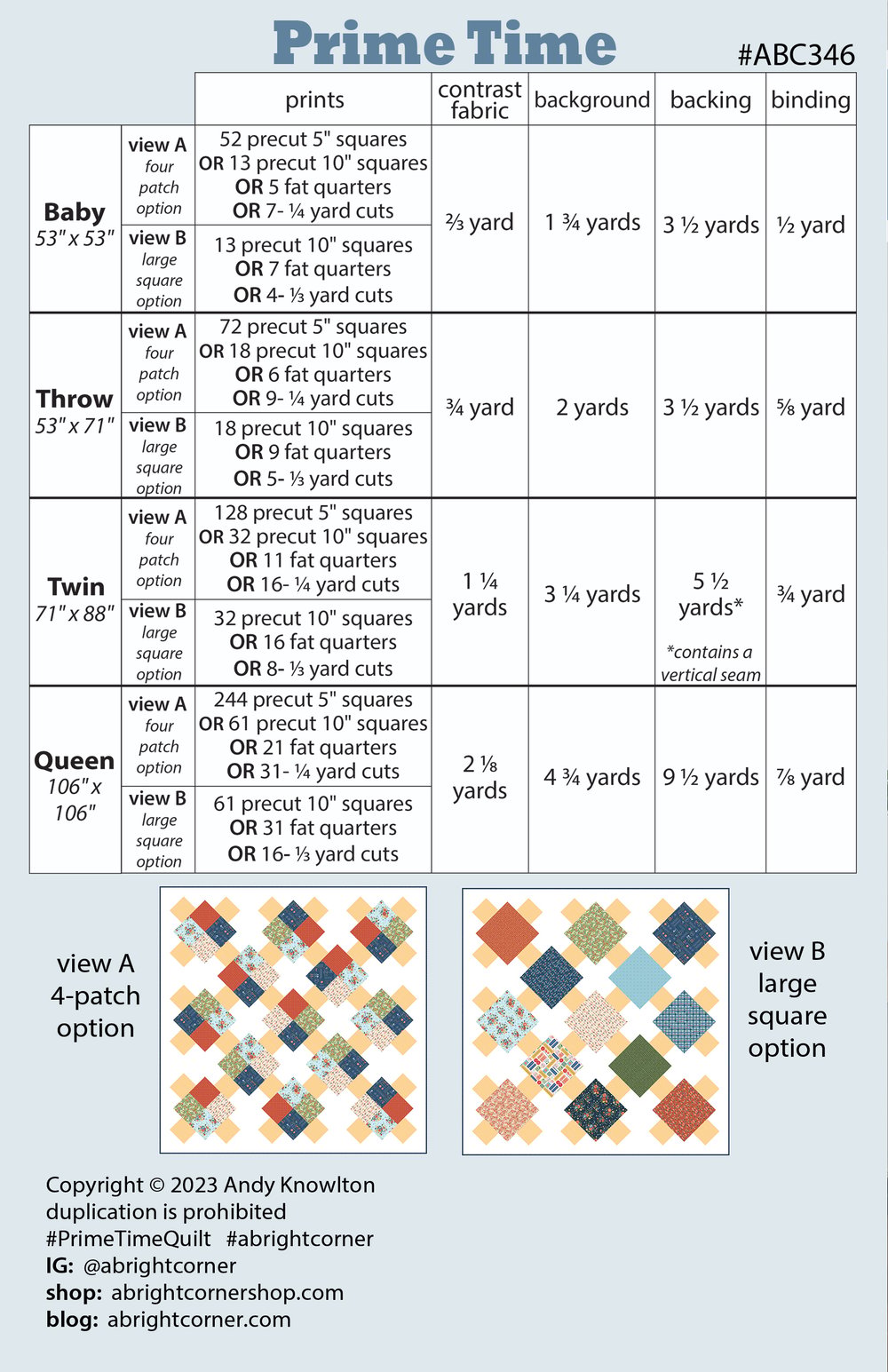 Prime Time quilt pattern - PAPER pattern | A Bright Corner