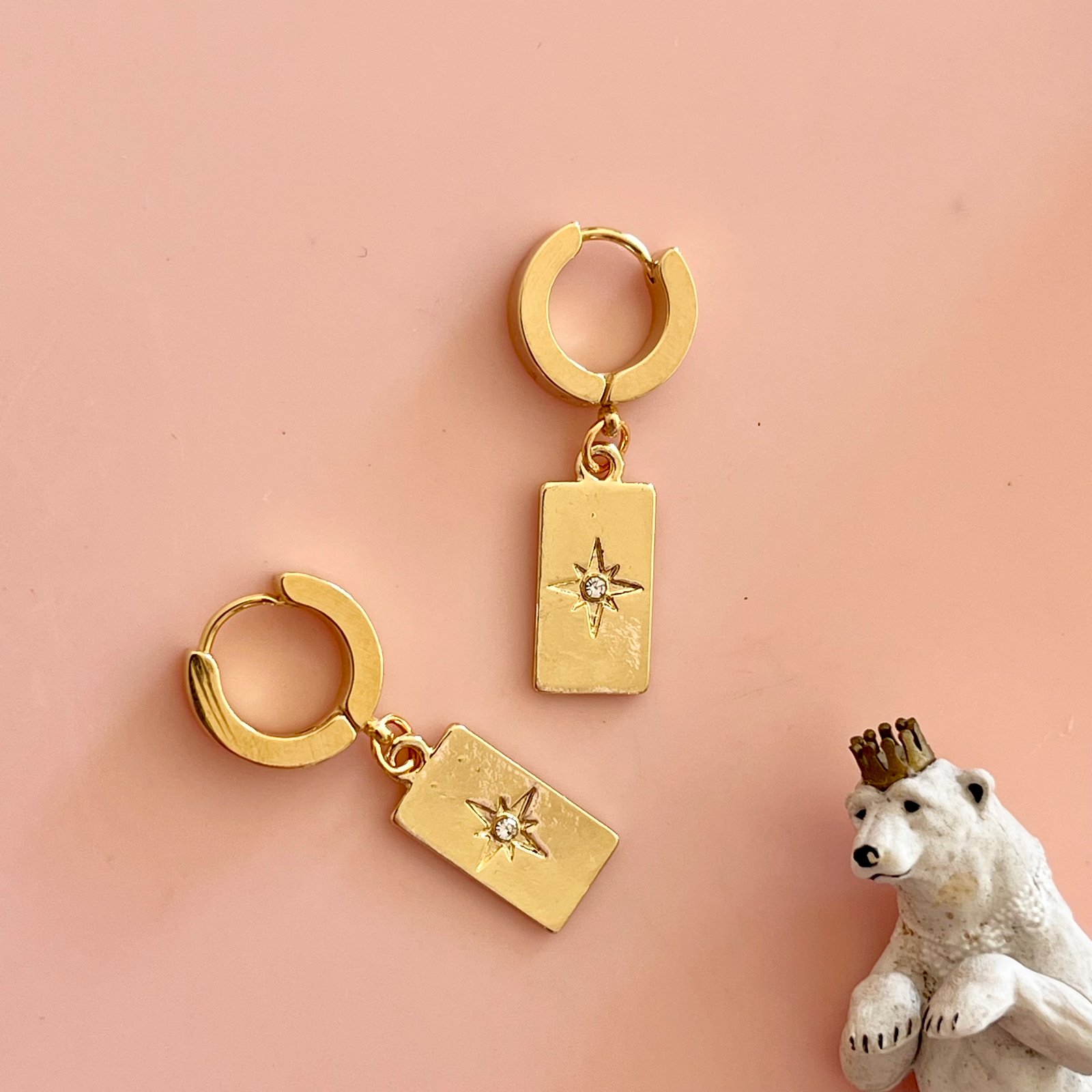 Long Gold Rectangle Star Huggie Hoops / Penny Foggo