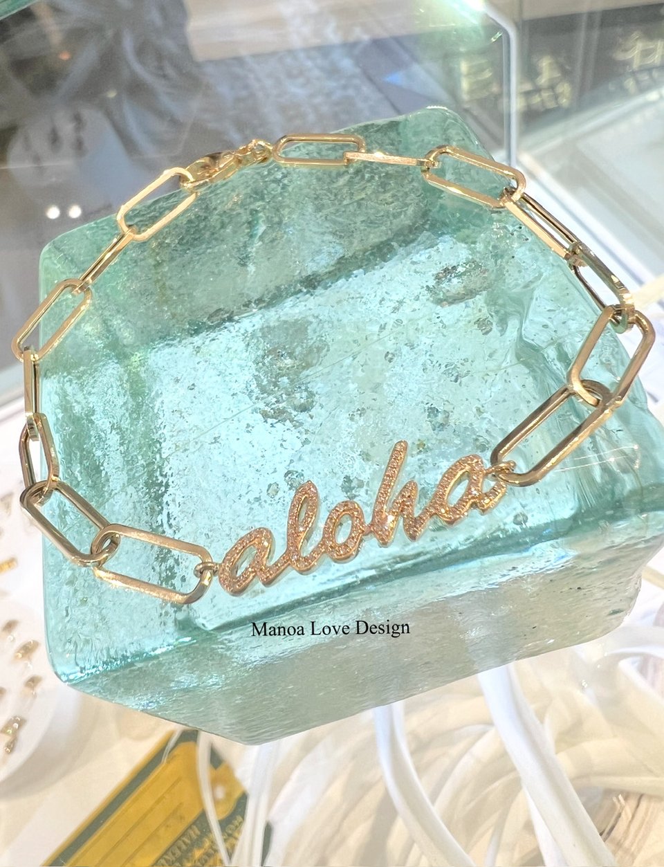 14k solid gold diamond script aloha ring | Manoa Love Design