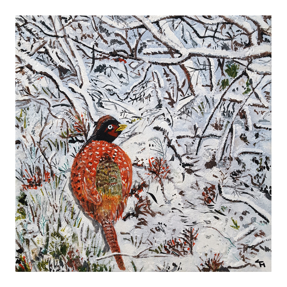 Snow Scene Pheasant in Langsett Greeting Card | Tile Art By Tracey