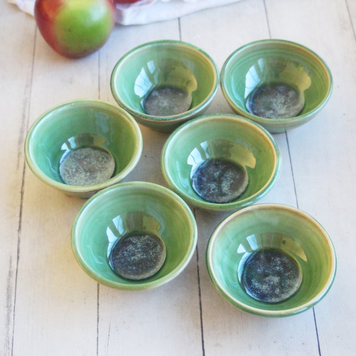 Shimmering Green Prep Bowls, Set of Three Ceramic Handmade Pottery ...