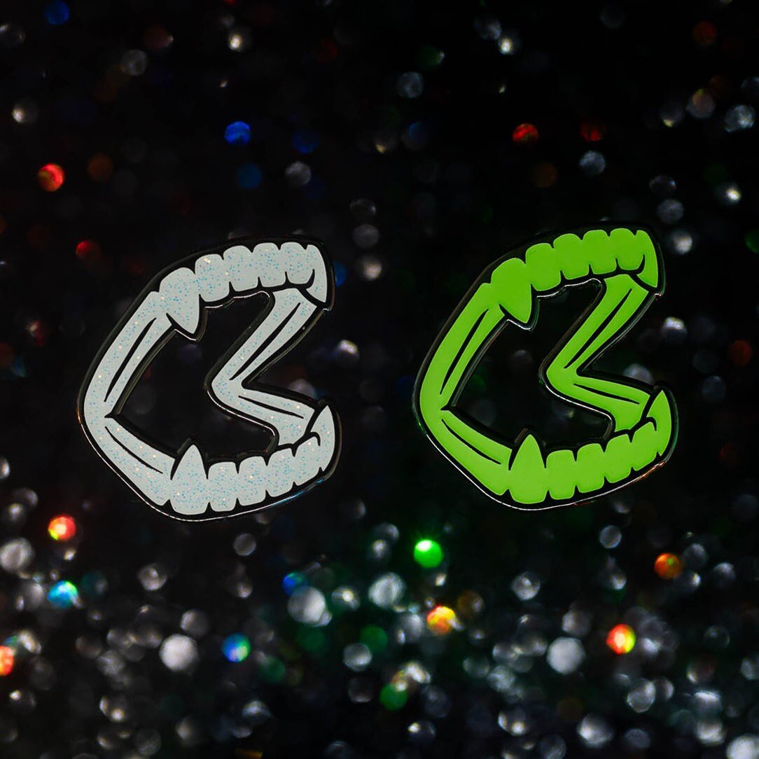 Scary Plastic Fangs Glitter Glow Enamel Pin Vampire Teeth | Rotoodle