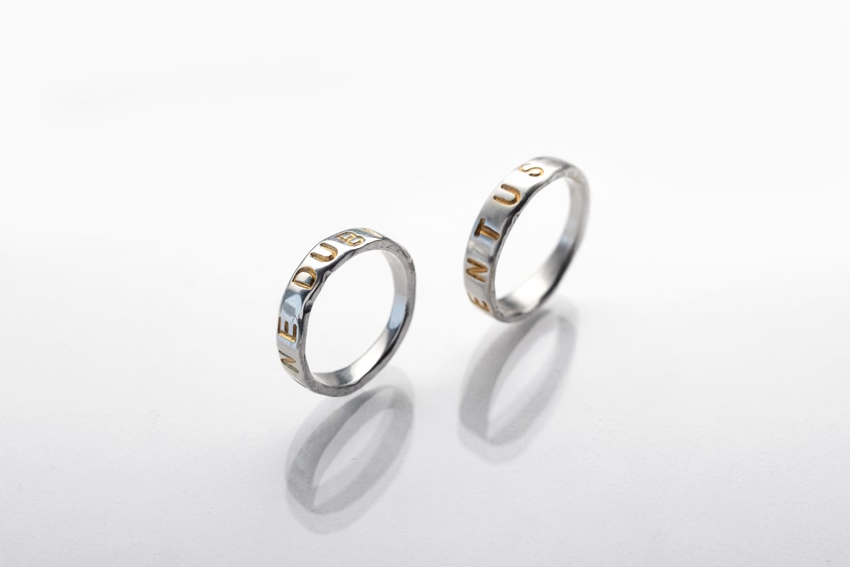 silver classical ring with gold plated letters and inscription in Latin ...