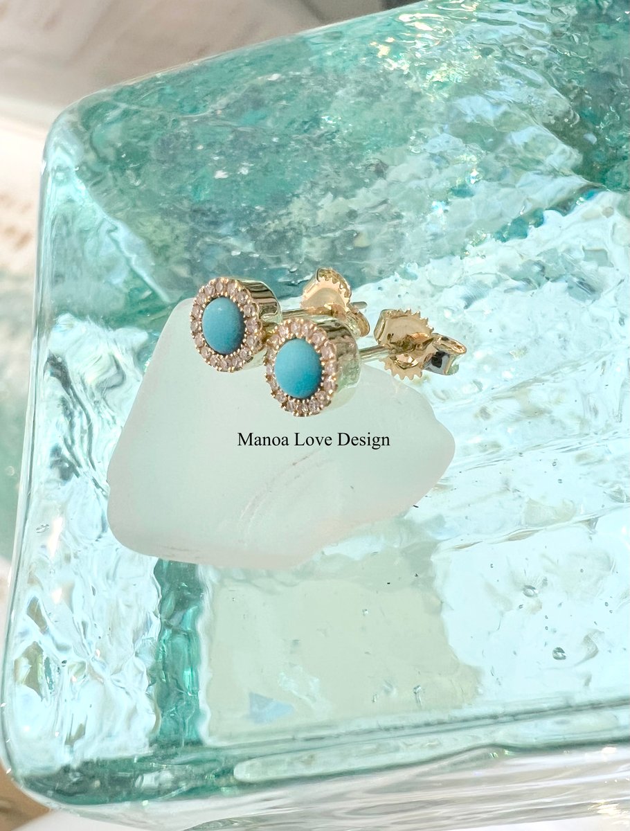 14k solid gold diamond & turquoise studs earrings | Manoa Love Design
