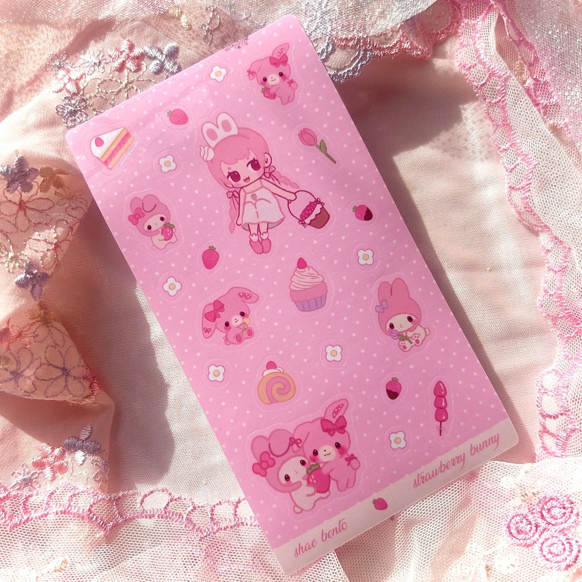 Kawaii pink strawberry bunnies and sweets deco sticker sheet | shae bento