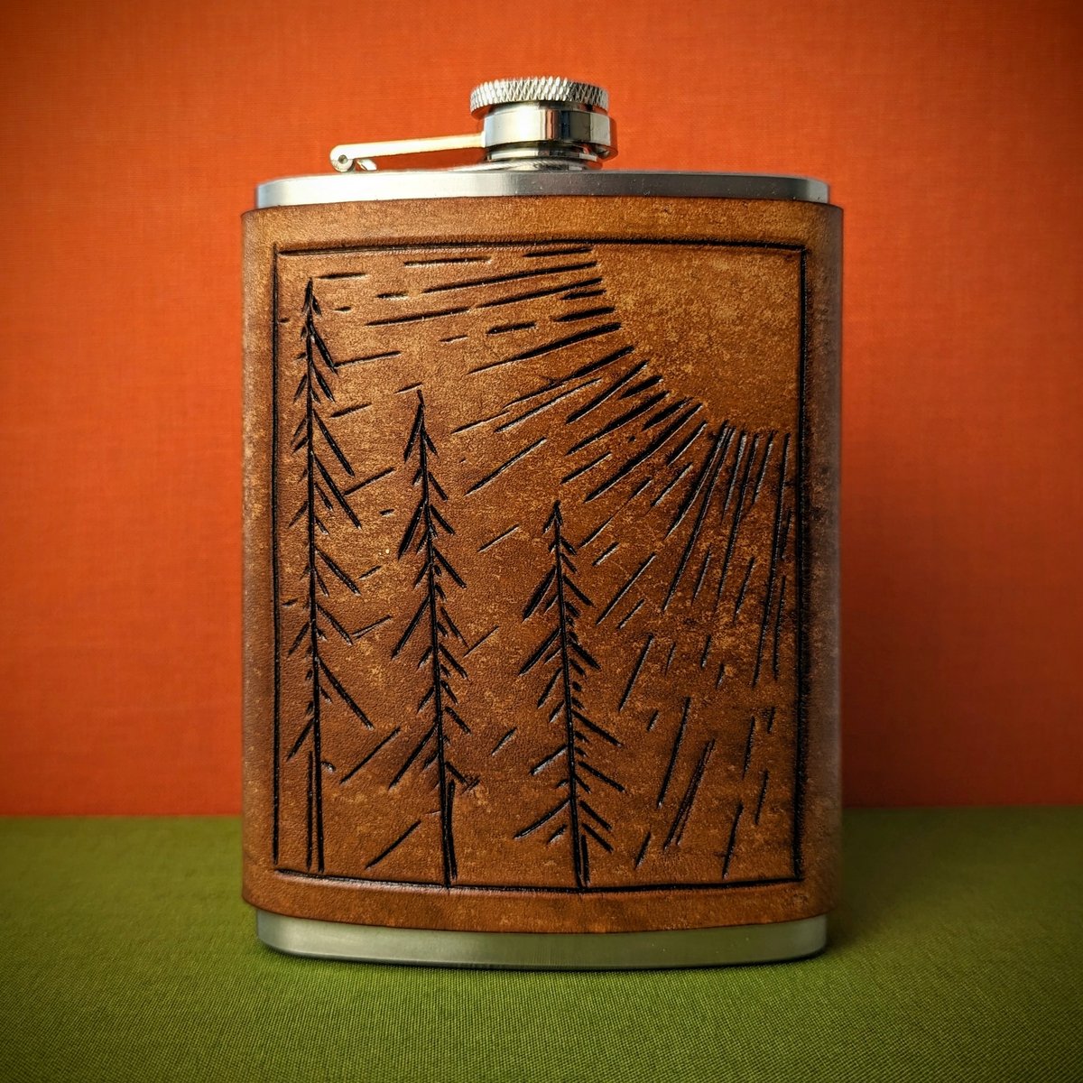 Leather-wrapped Flask - Trees (Natural) | JTM Leathercraft