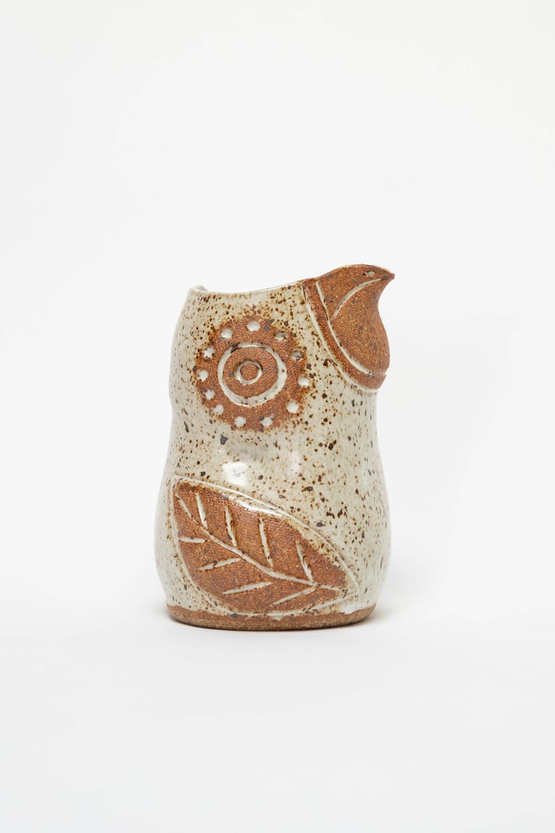 Medium Matte White Speckled Leaf Handleless Owl Pitcher | Knotwork LA