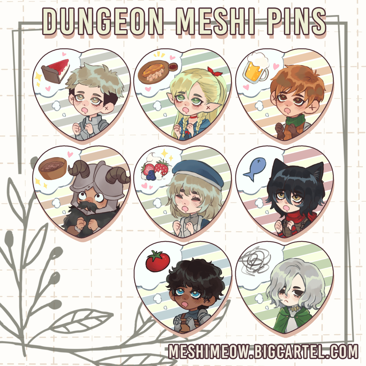 Dungeon Meshi Favorite Food Heart Pins | meshimeow