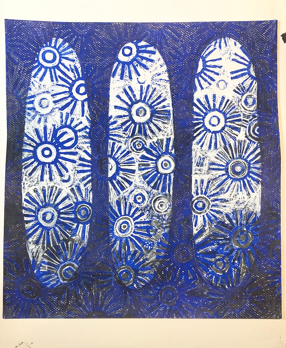 BLUE and WHITE Seed Motif monoprint | seed.art.lab