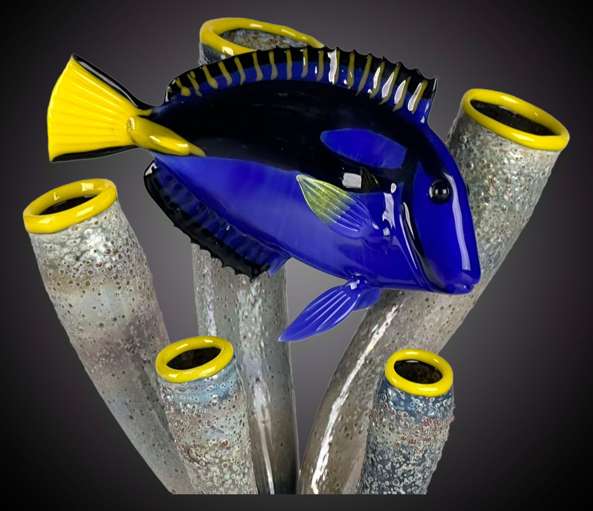Hippo Tang on Tube Coral - by Robert Mickelsen | Robert Mickelsen Glass Art