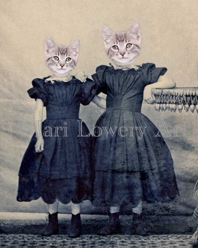 Kitten Girls Twin Sister Gray Cats in Dresses 8 x 10 Inch Animal Art ...