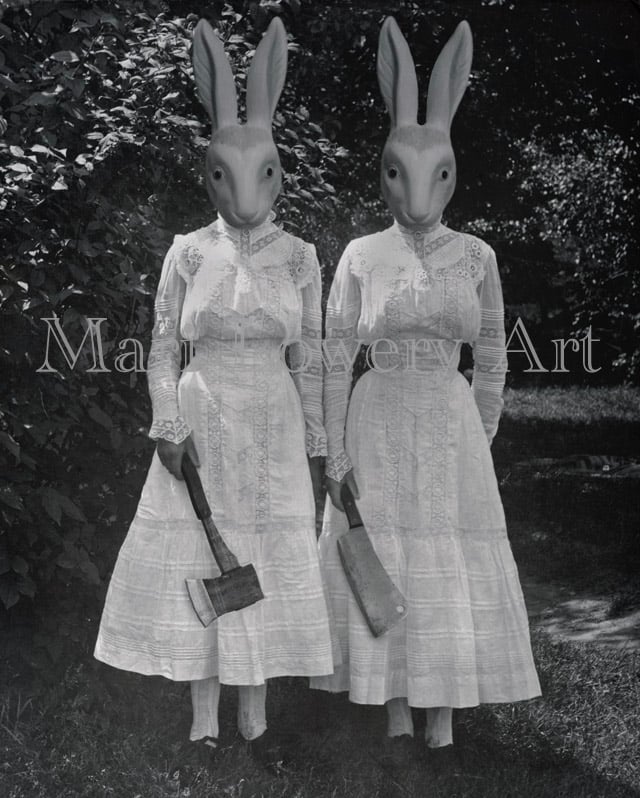 Creepy Rabbit Twin Sisters Black and White 8 x 10 Inch Halloween Art ...