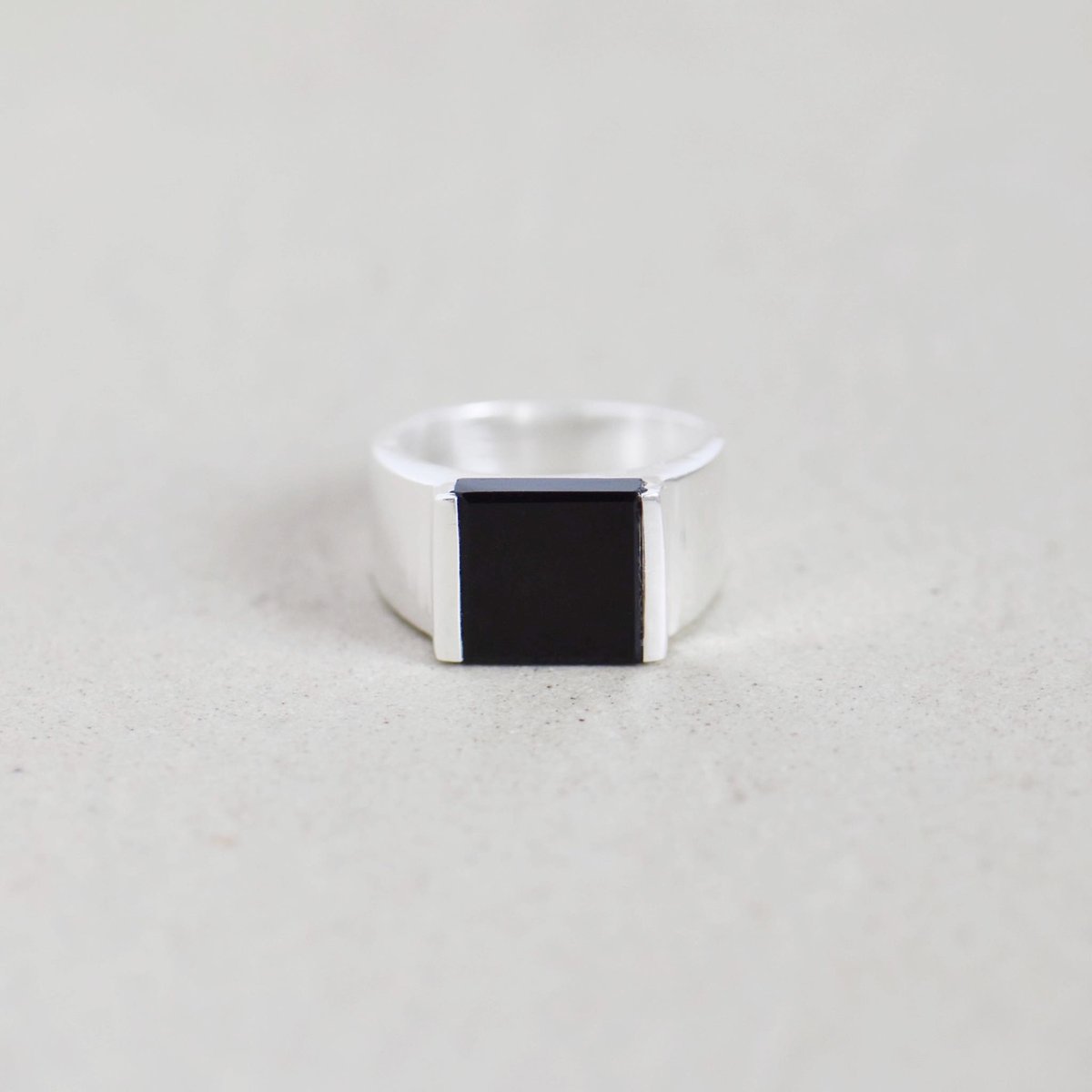 Black Agate square flat cut wide band silver ring | The Dead Bird Jewelry