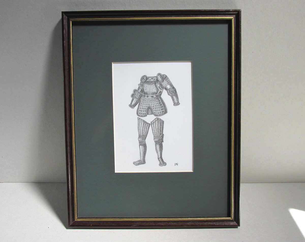 Small Pencil Drawing of 16th Century Armour by V Hart, in Vintage Frame ...