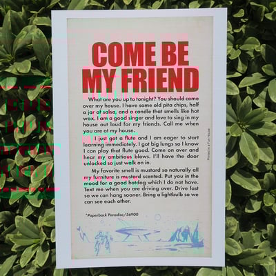 Come Be My Friend - 6 x 9 print | Paperback Paradise