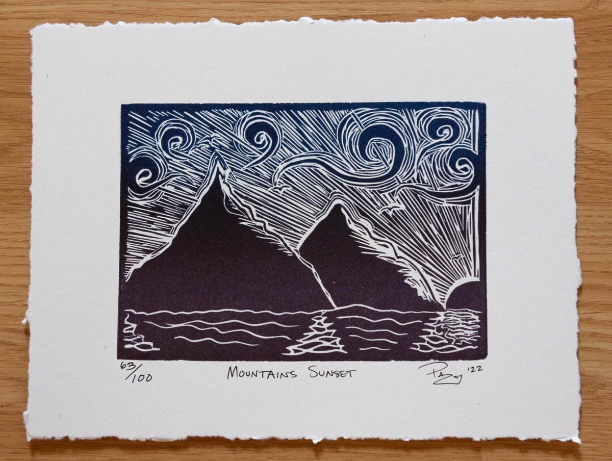 Mountains Sunset Linocut | Paz Méndez Art