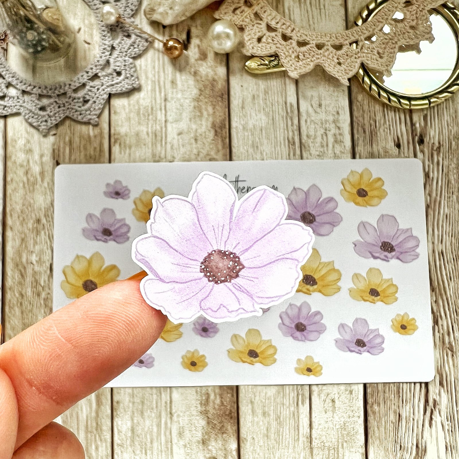 Lilac/Mustard Flower Sticker Sheet | Transparent & White Vinyl Sticker ...