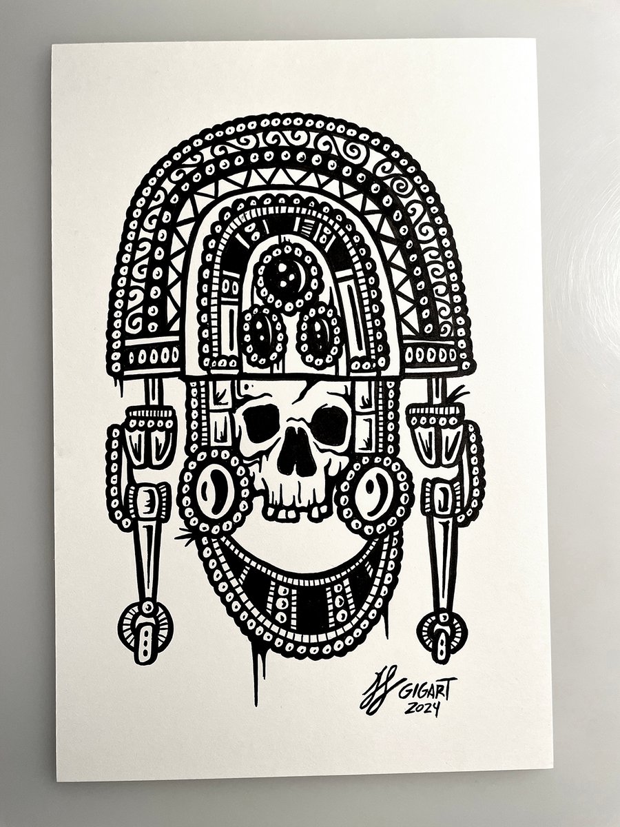 GIGART — Mayan Skull Crown Original Ink Drawing