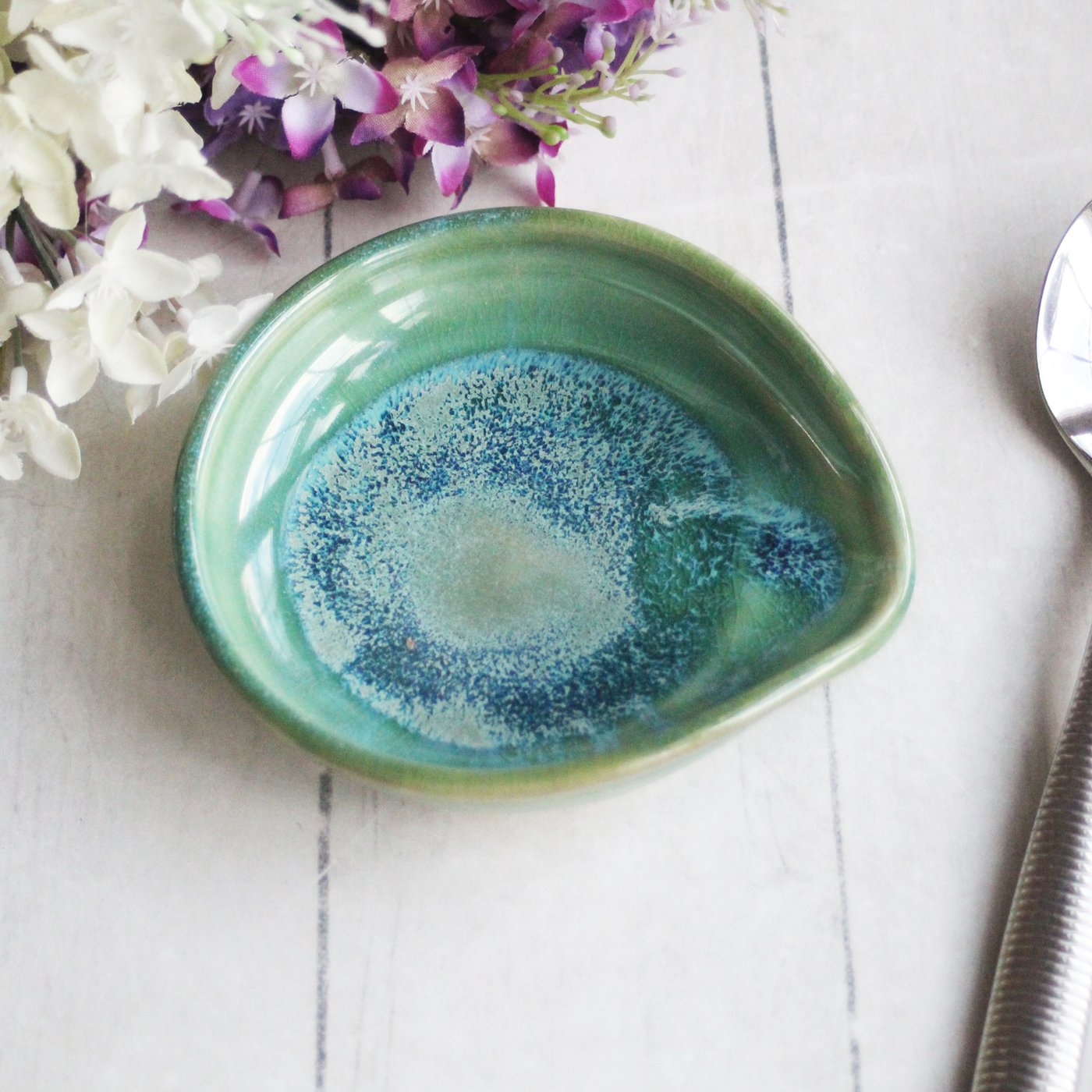 Medium Spoon Rest in Shimmering Green Glaze, Handcrafted Coffee Spoon ...
