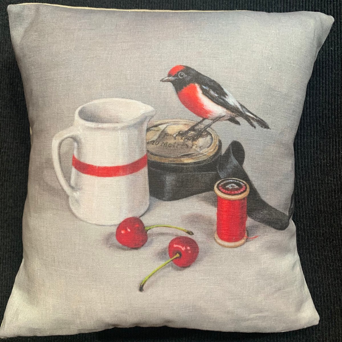 Linen Red-Capped Robin Cushion | Anita Mertzlin