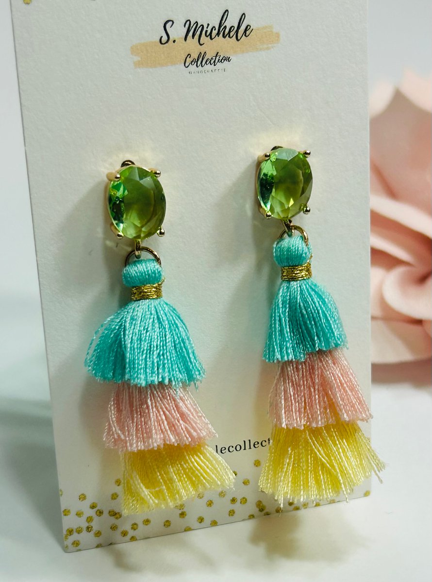 Mini Tiered Tassel (Green Oval Gem Post) Earrings | S. Michele Collection