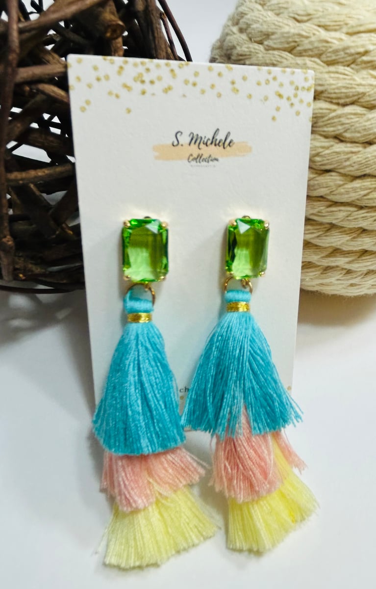 Lime Gem Tiered Tassel Drop Earrings | S. Michele Collection