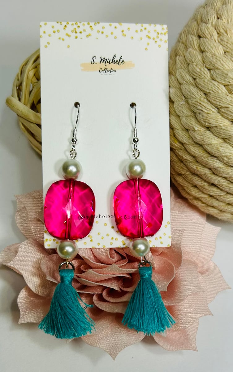 Pink Oval Turquoise Tassel Earrings | S. Michele Collection