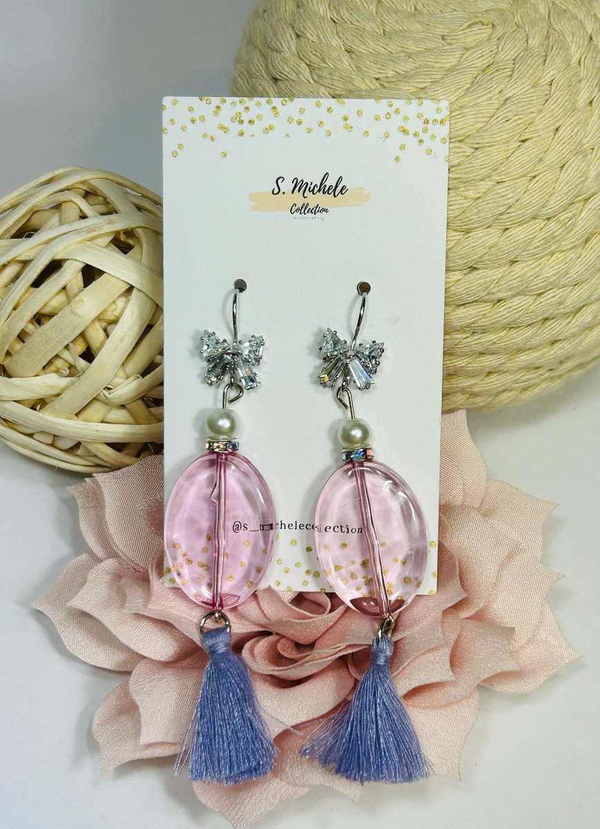 Rhinestone Bow Pink Oval Earrings | S. Michele Collection