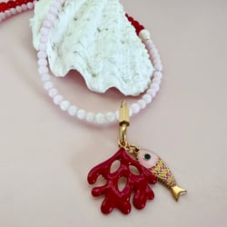 Red and pink glass bead and pearl necklace with carabiner and fish ...