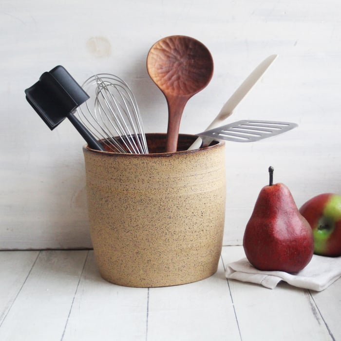 Large Rustic Utensil Holder with Raw Stone Texture, Handcrafted Kitchen ...