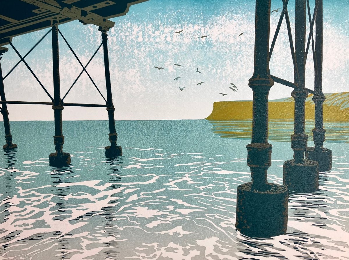 Pier, Huntcliff and seagulls | Susan Noble: Artist/Printmaker