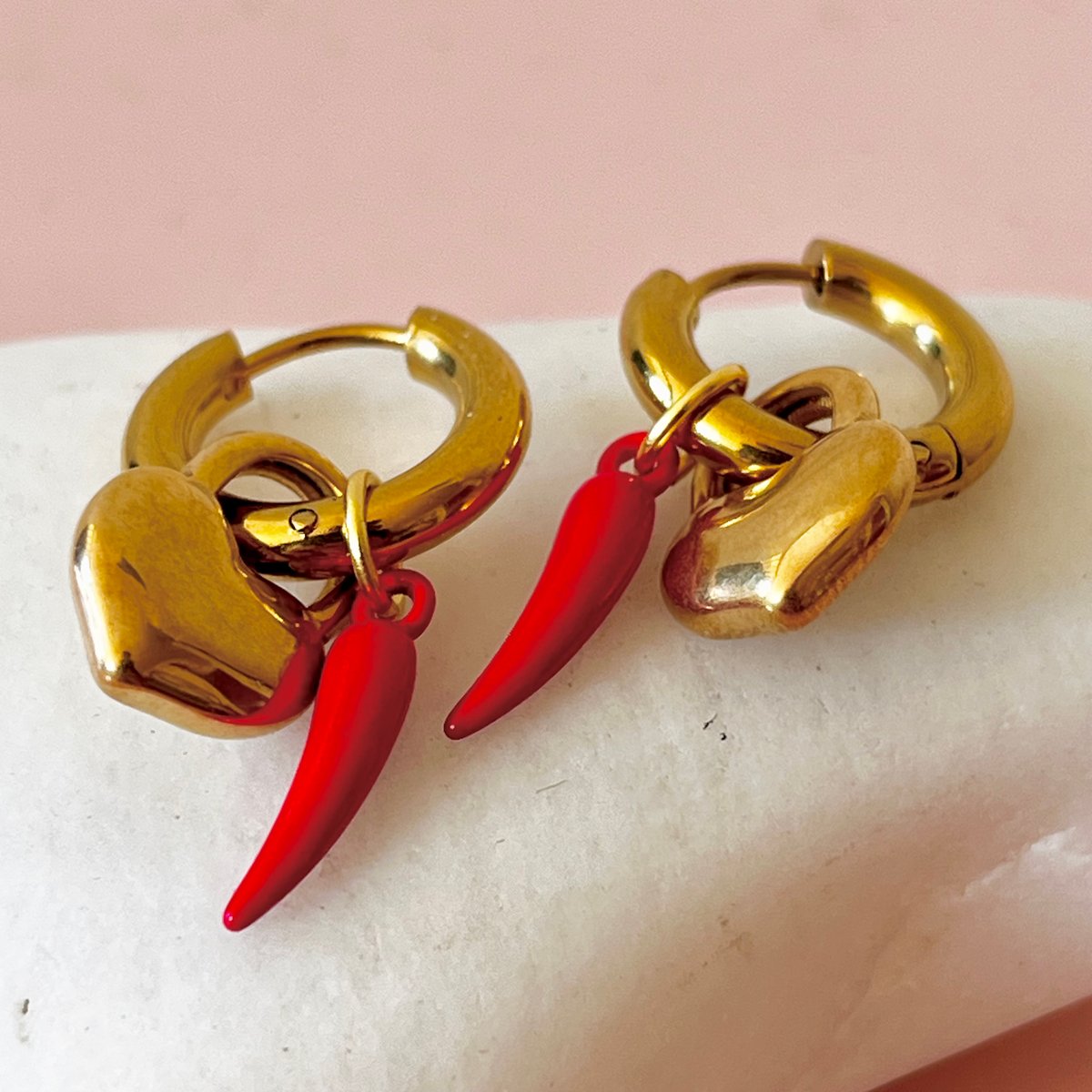 Gold Double Huggie Hoops - Heart lock and chilli | Penny Foggo