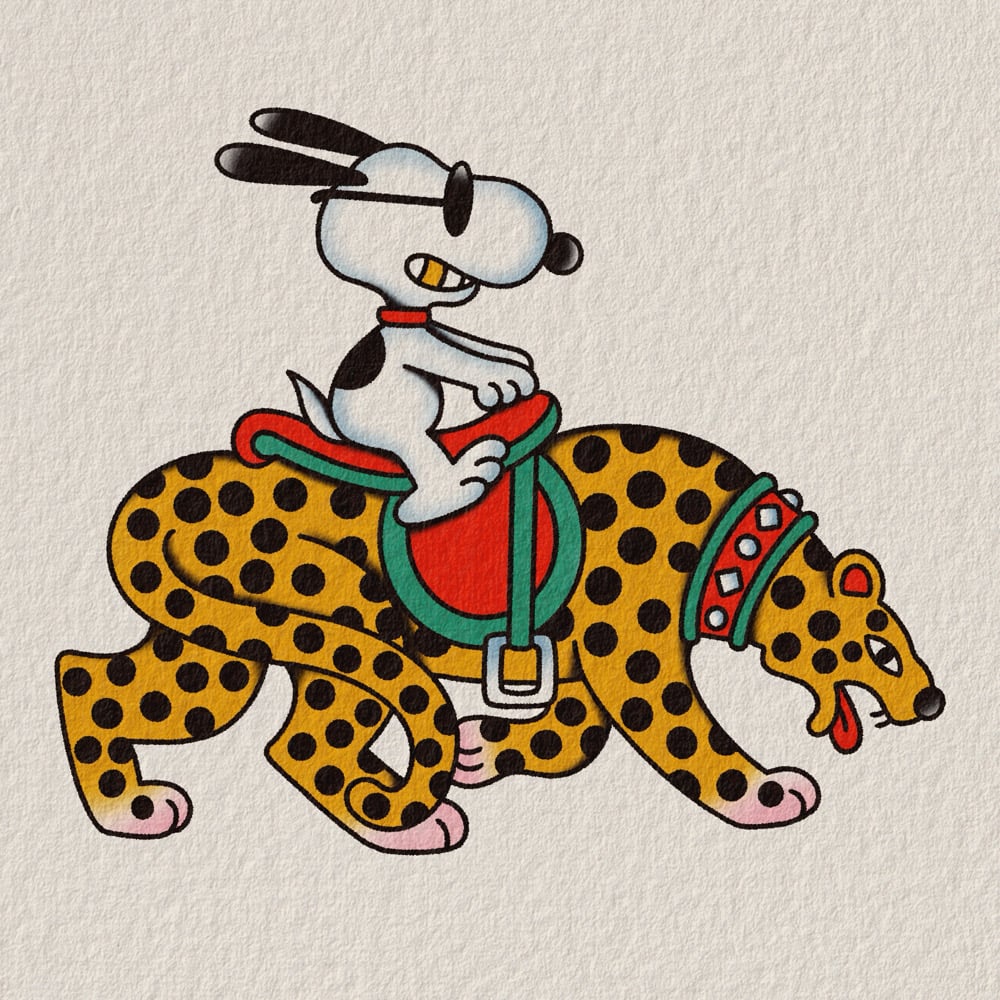 Snoopy riding a leopard | MARKET PLACE STUDIO