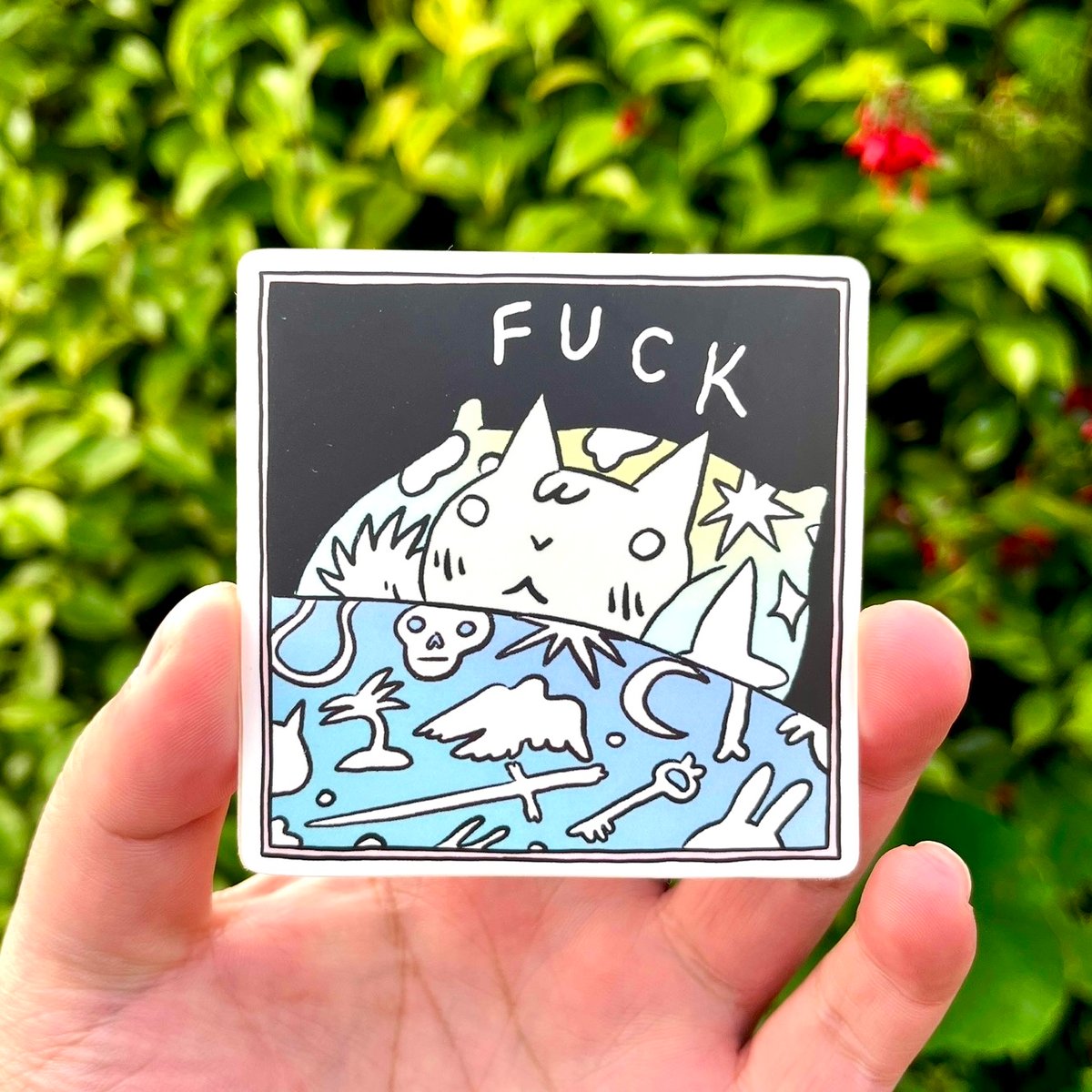 Cussing Cat in Bed Sticker / Deth P. Sun