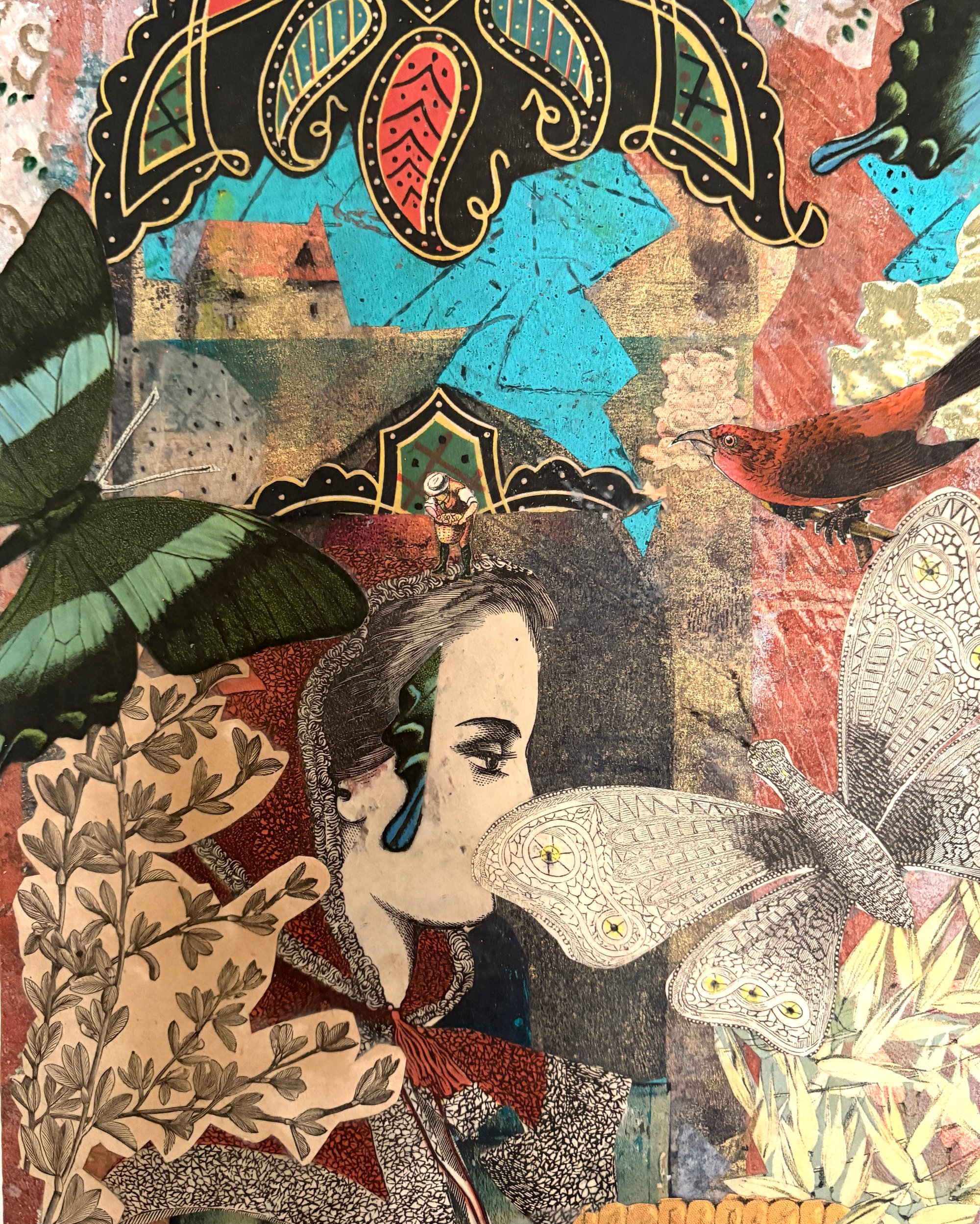 Antique Paper COLLAGE on Wood THERE ARE NO WORDS Moth Woman Lovely 8" x ...
