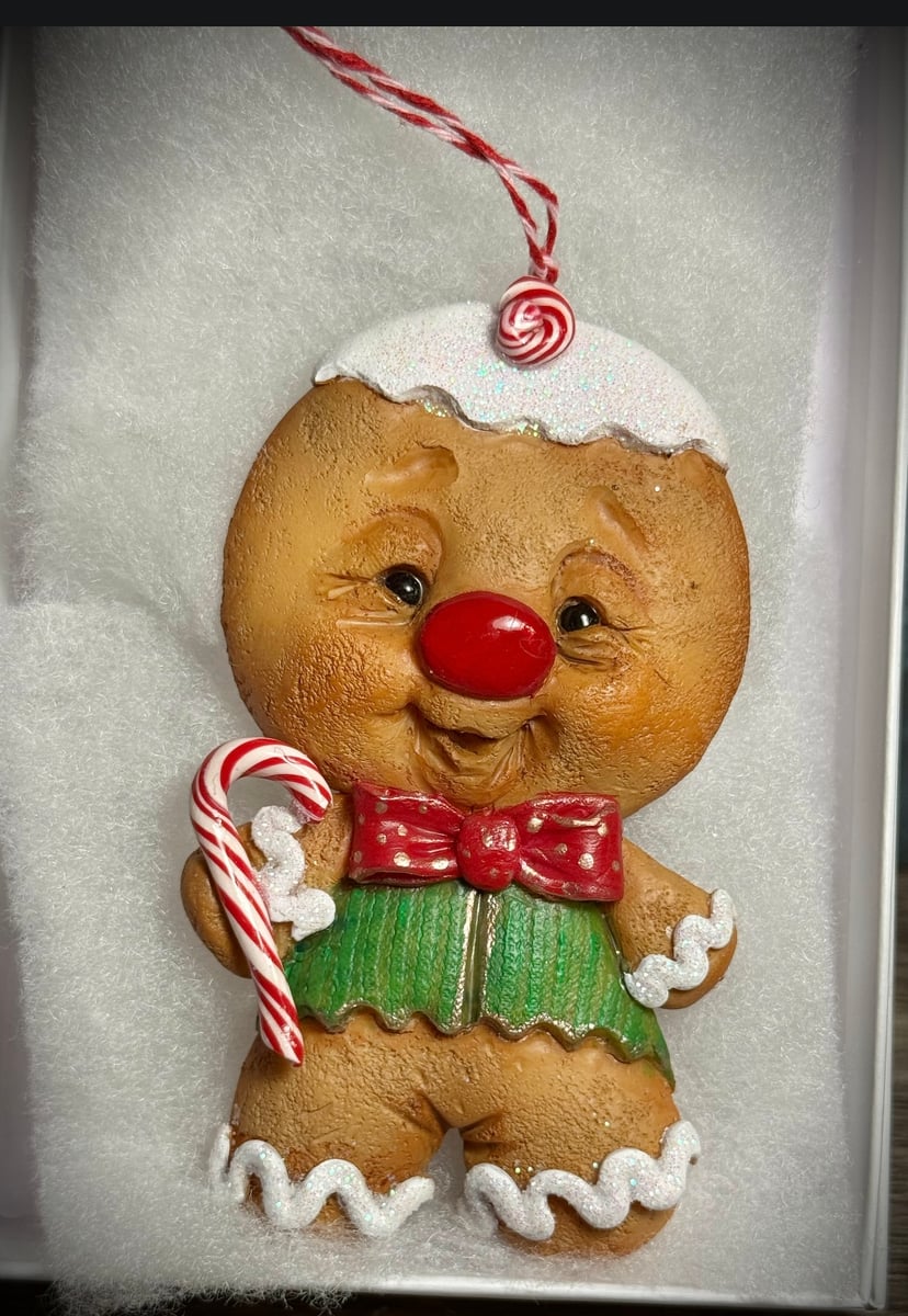 Gingerbread Ornament with green vest & candy cane | Gina’s Wee Beasties