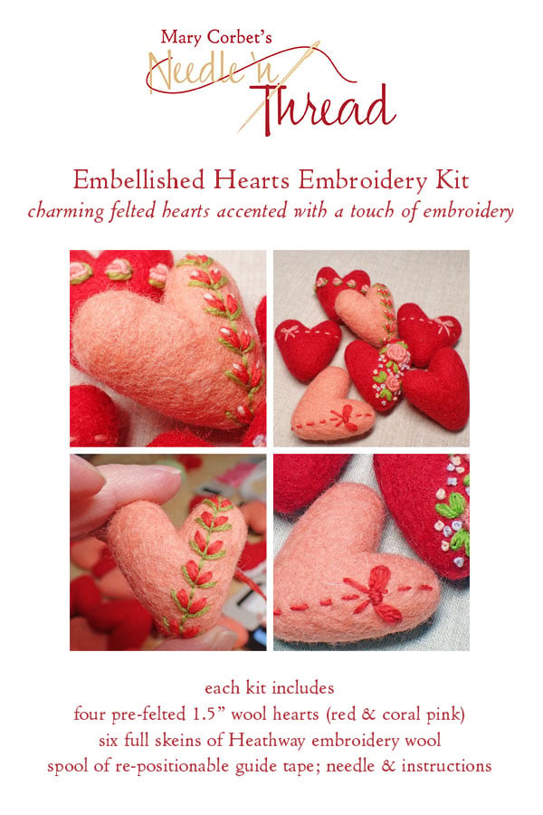 Mary Corbet's Needle 'n Thread — Embroidered 3-D Felted Wool Hearts Kit
