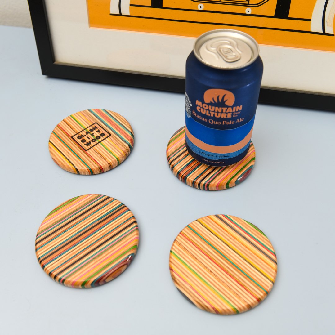 Mini Tinnie Tables - Set of 4 Recycled Skate Coasters | Clash City Wood