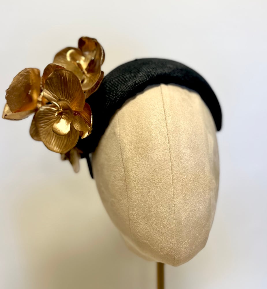Black bandeau with gold orchids | Meredith McMaster Millinery