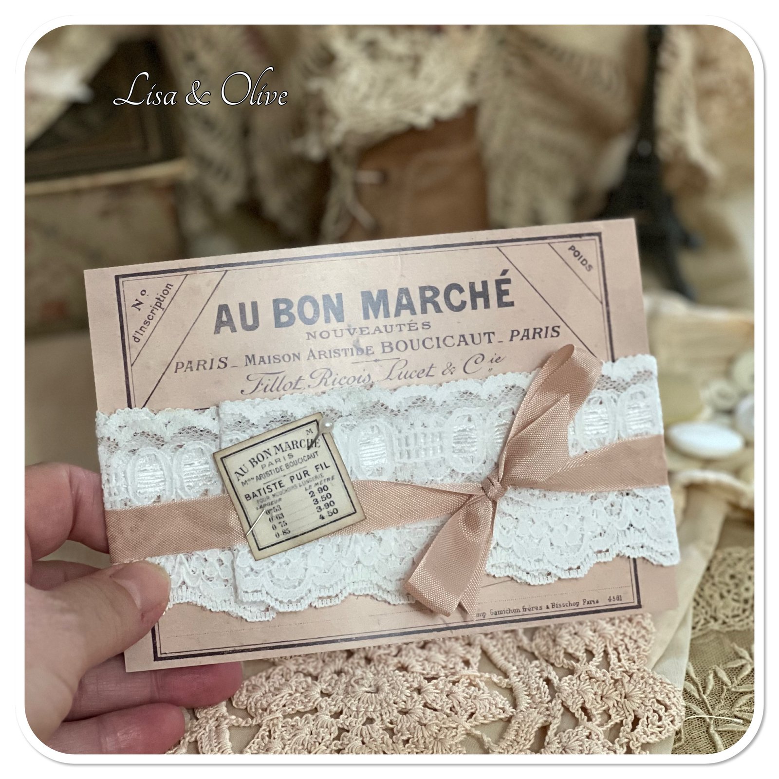 white lace trim on a vintage french stye postcard | Lisaandolive