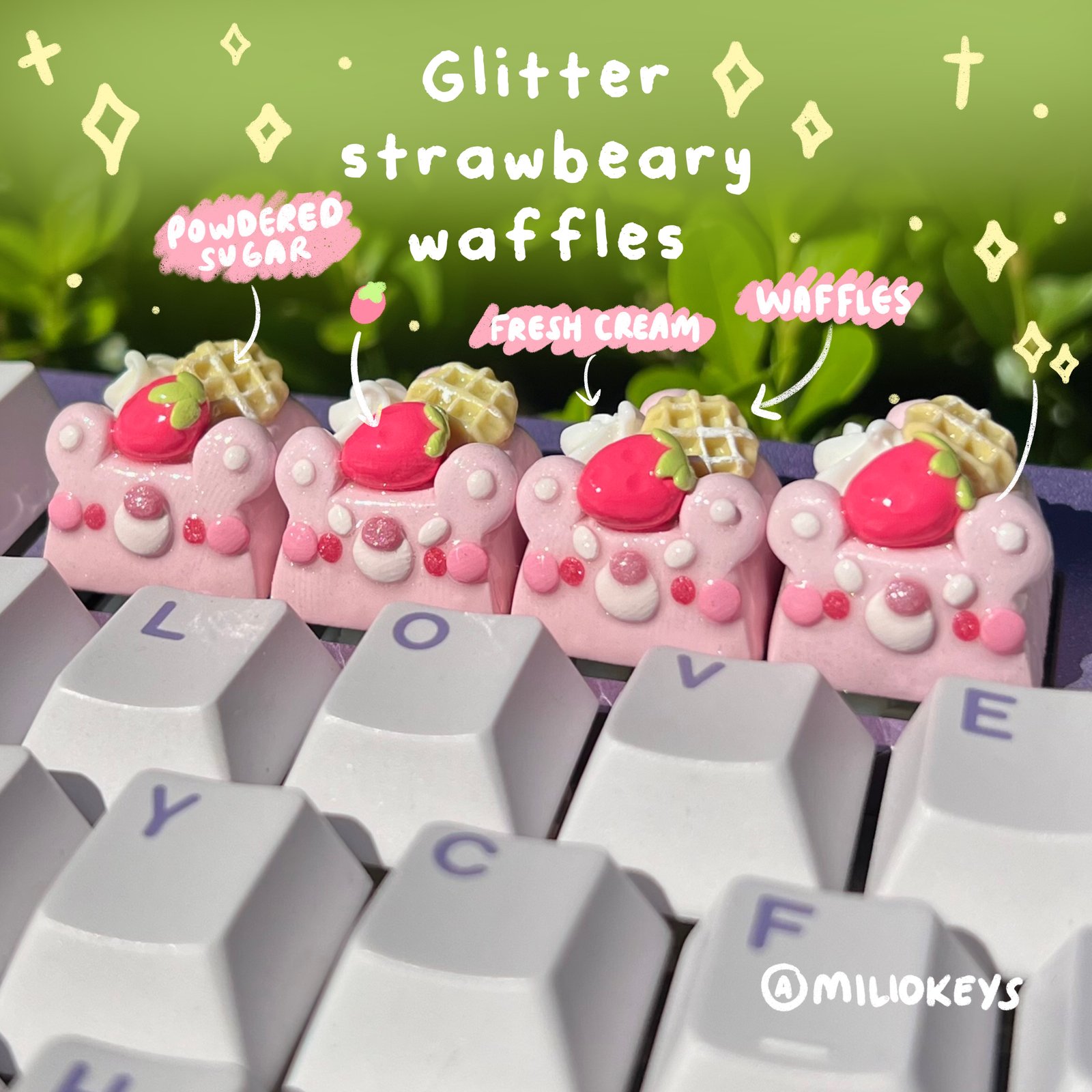 Glitter Strawbeary Waffles Artisan Keycap | Papermilio
