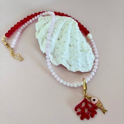 Red and pink glass bead and pearl necklace with carabiner and fish ...