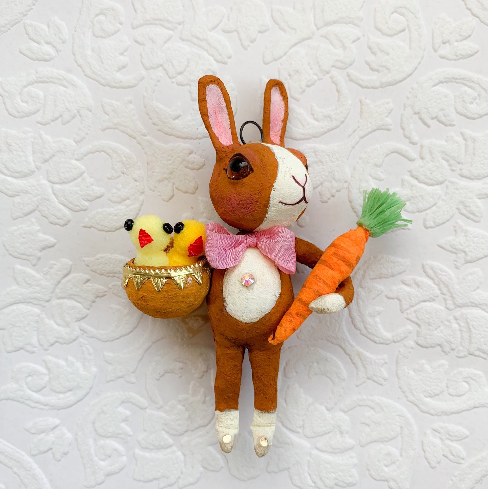 Caramel Dutch Rabbit with Chicks and Carrot | Spun Cotton Ornament Co.