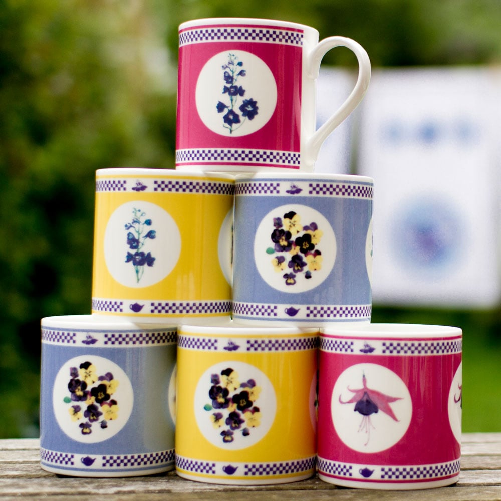 Mugs Set of Six floral designs, Two pink, Two yellow and Two Blue £15 ...