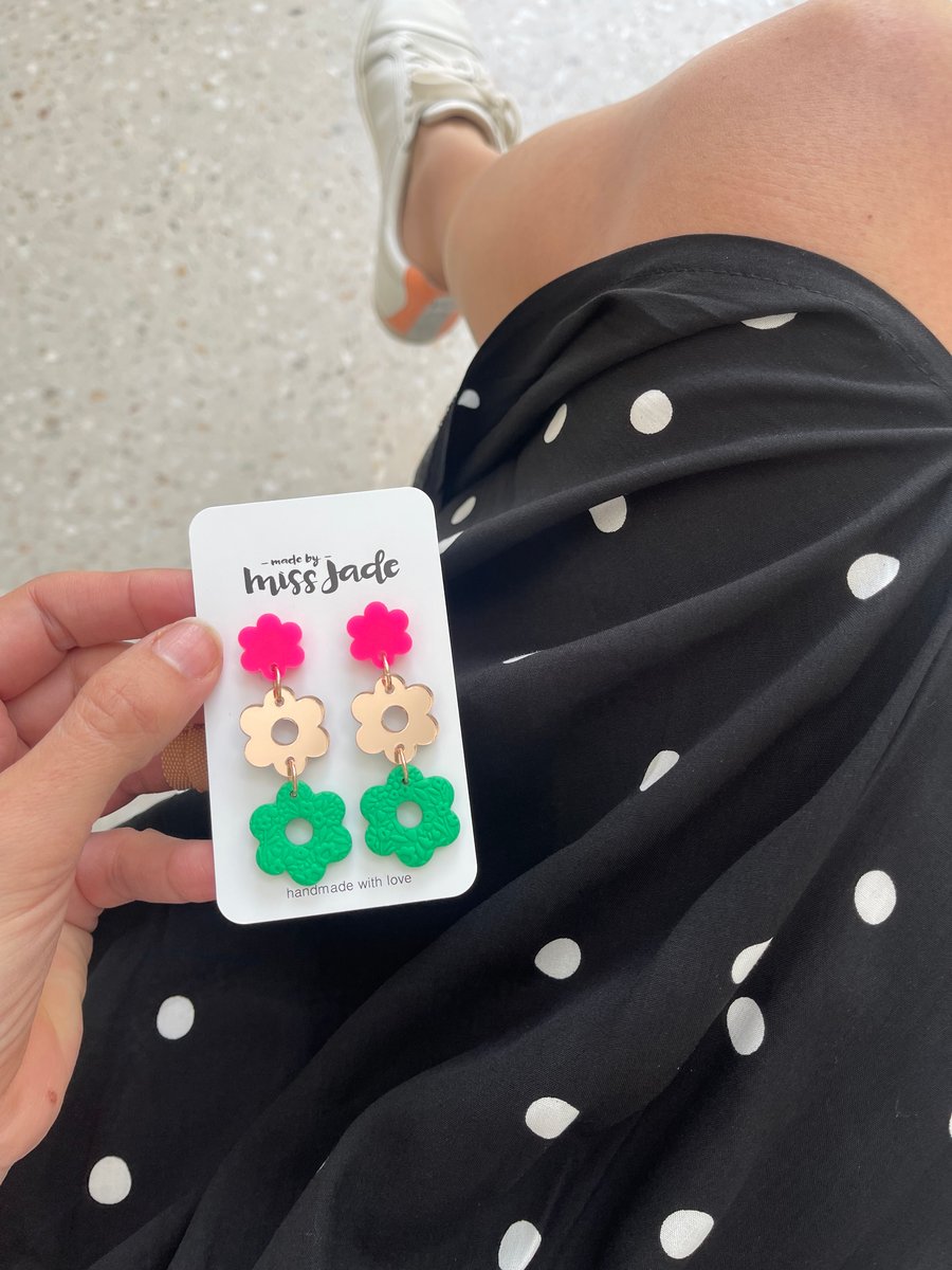 Hot Pink, Apple + Shiny Rose Gold Mirror : Flower Dangles | Made By ...