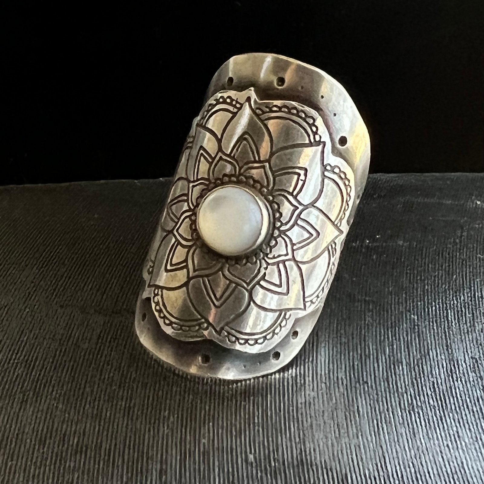 Kosmicki Studio — Sterling Silver Mandala Saddle Ring with Mother of Pearl