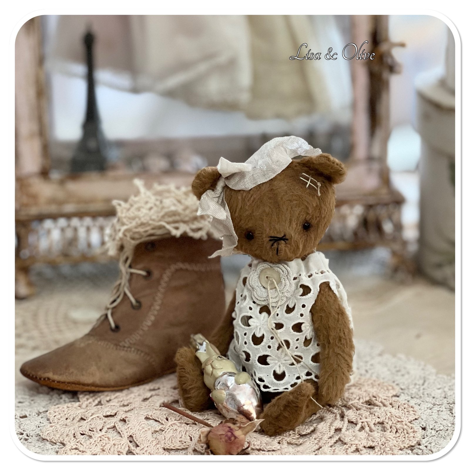 Sweet Hattie handmade teddy bear and her easter ornament | Lisaandolive