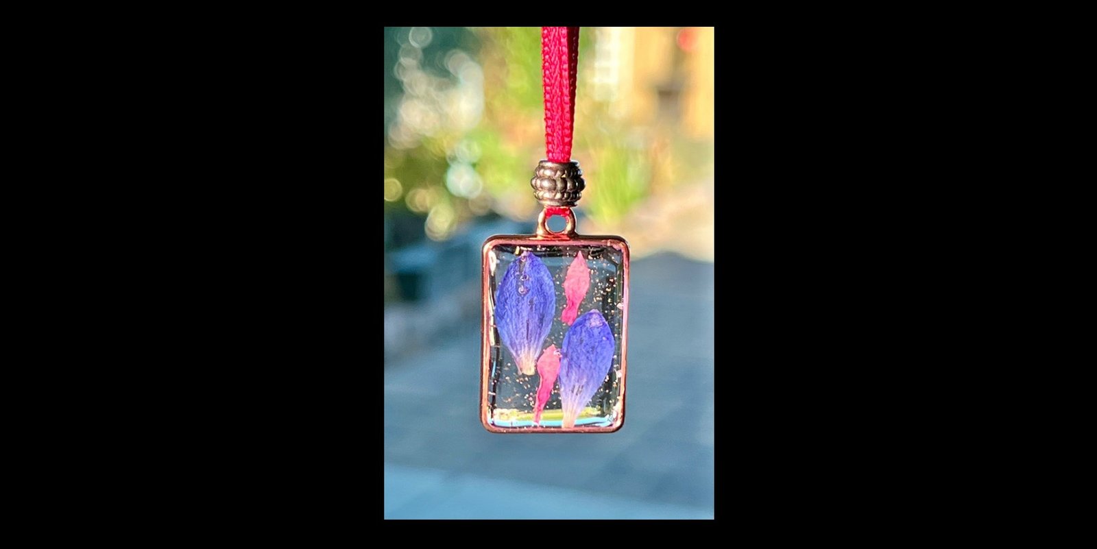 Delphinium and Pink Aster - Rose Gold Square Pendant | Wildflower Art by Kari