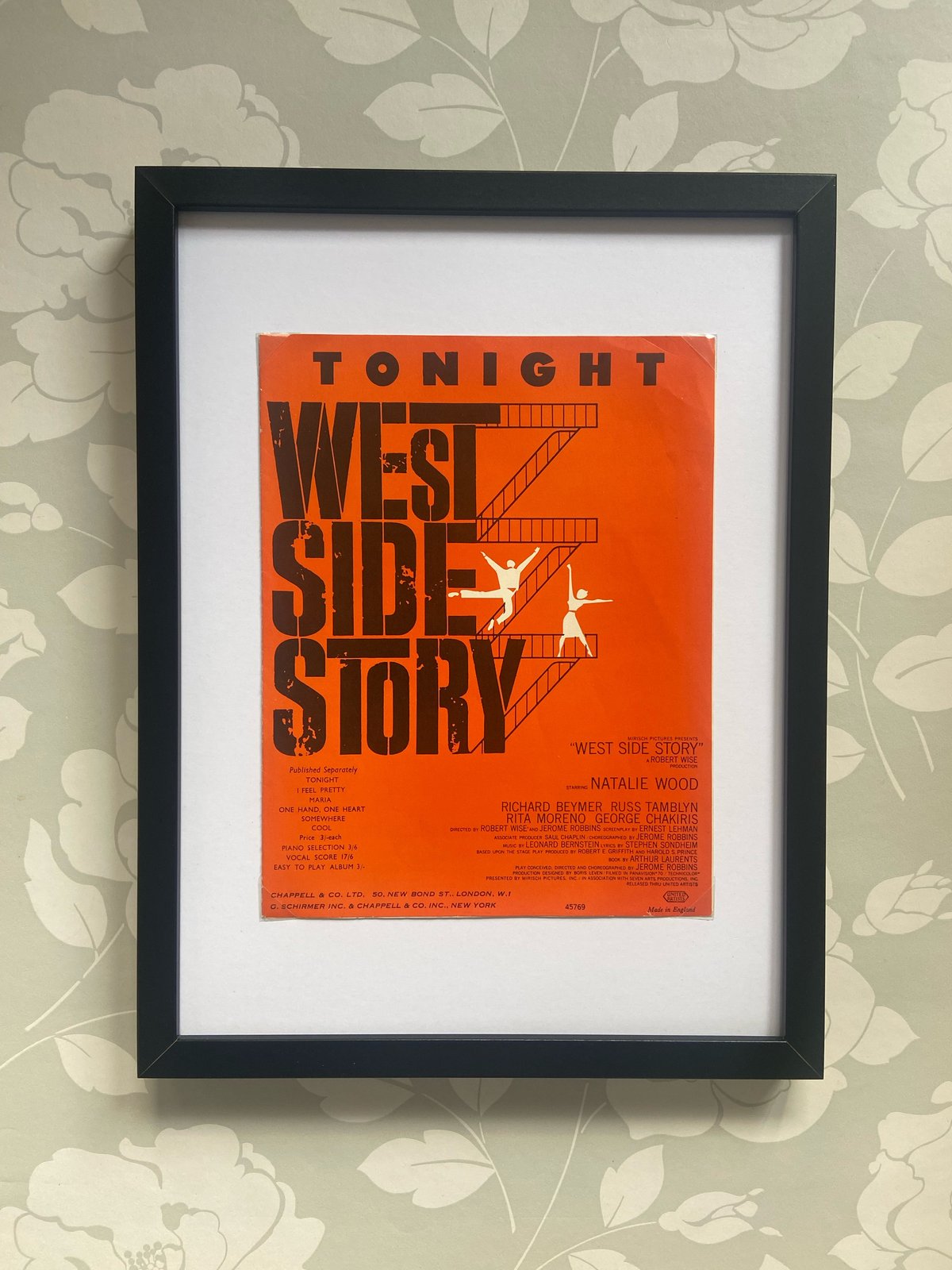 Tonight from West Side Story, framed 1957 vintage sheet music | Lorna Kyle