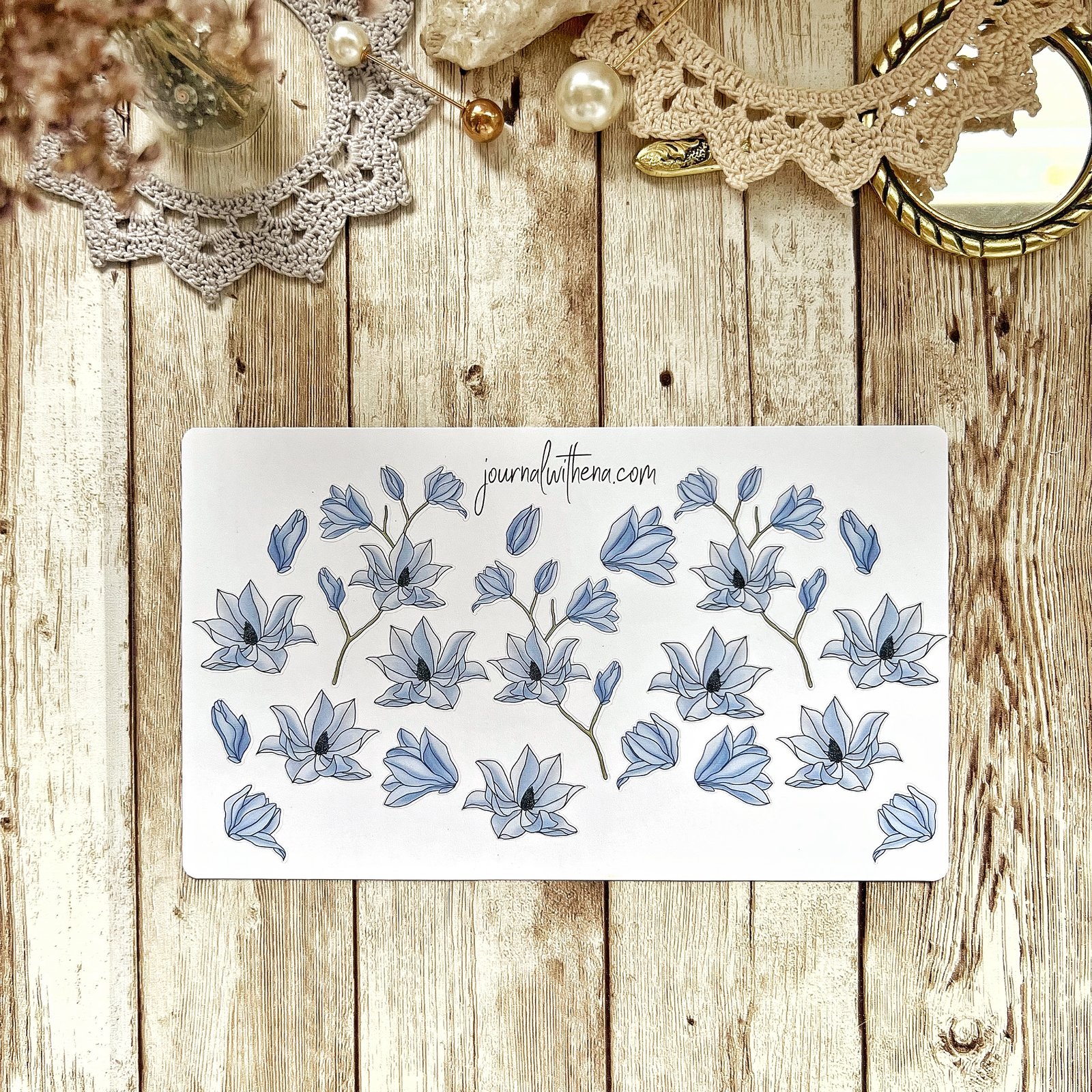 Blue Flower Sticker Sheet | White Sticker Paper | Journal with Ena